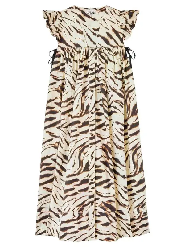 GANNI Tiger-print Ruffled Midi Dress - Neutrals