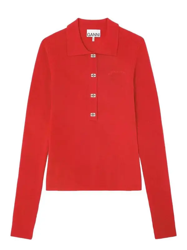 GANNI Logo Button Long Sleeve Polo Shirt - Red