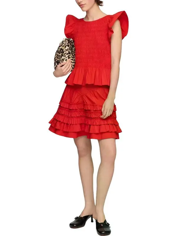 GANNI Smocked Cotton Top - Red
