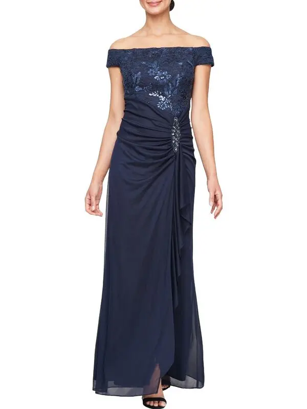 Alex Evenings Off-the-shoulder Embroidered Lace Gown - Navy