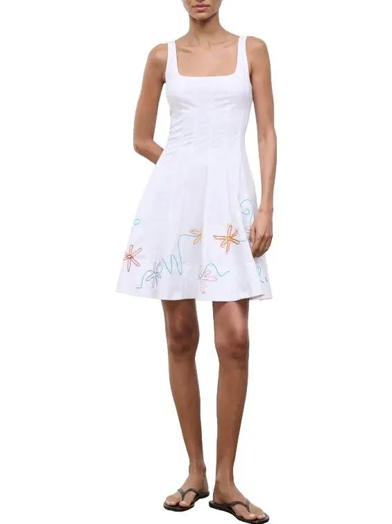 Staud Wells Floral Stitch Minidress - White Multi Embroidery