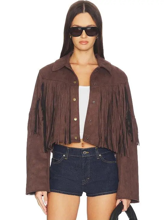MORE TO COME Fringe Faux Suede Jacket - Dark Brown