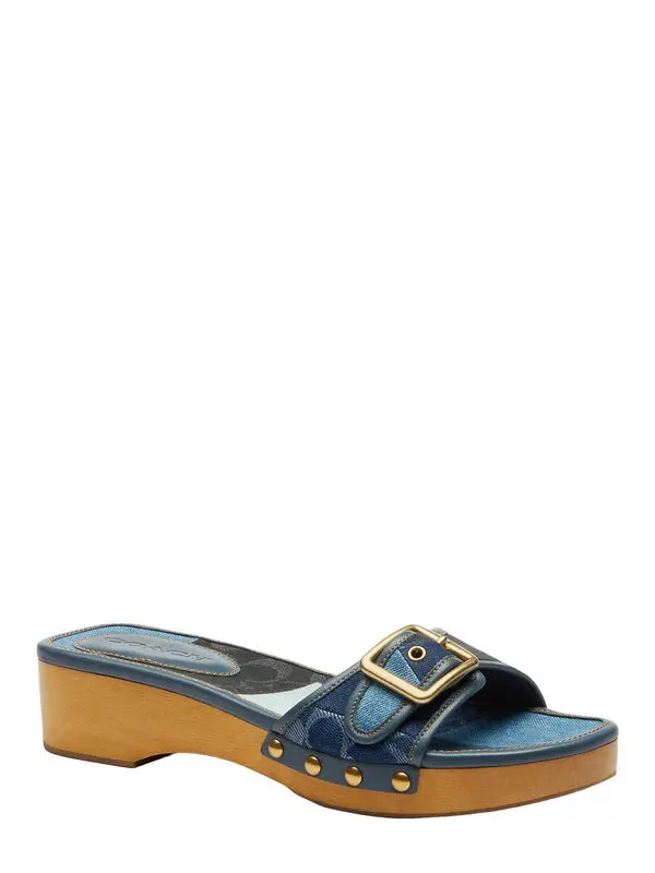 COACH Margot Wooden Platform Sandal With Signature Denim Patchwork - Denim Multi