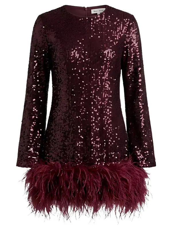 GLAM ON YOU Tansy Sequin Feather Trim Dress - Red