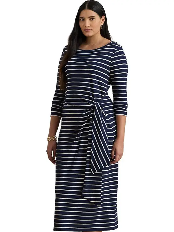 Ralph Lauren Striped Cotton-blend Boatneck Dress With Tie-front Waist - Refined Navy/white
