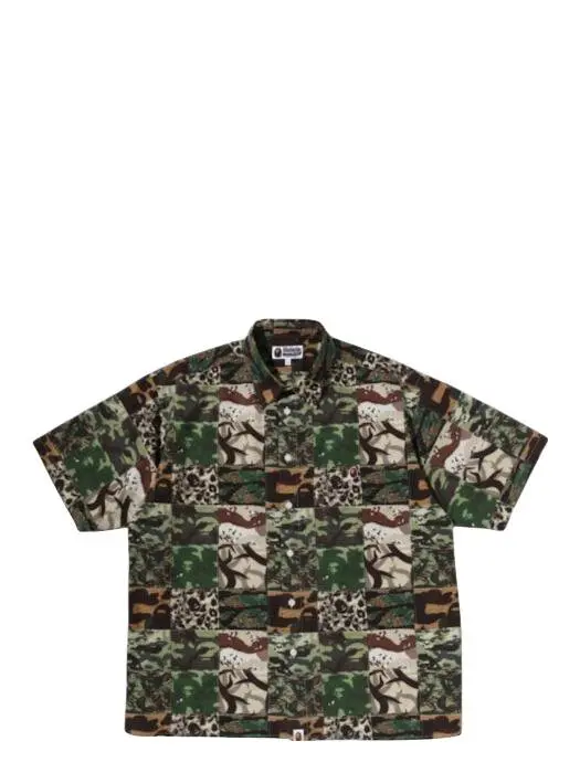 A BATHING APE Ape Head One Point Camo Patchwork Short Sleeve Shirt - Army Green