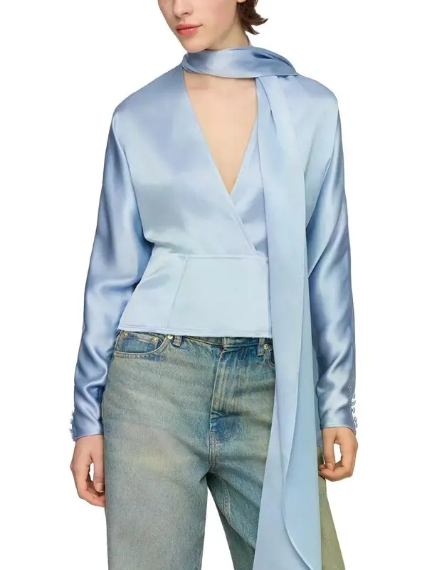 GANNI Wrap-style Blouse With Scarf Detail - Blue