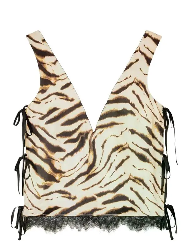 GANNI Tiger-print Lace-trim V-neck Top - Neutrals