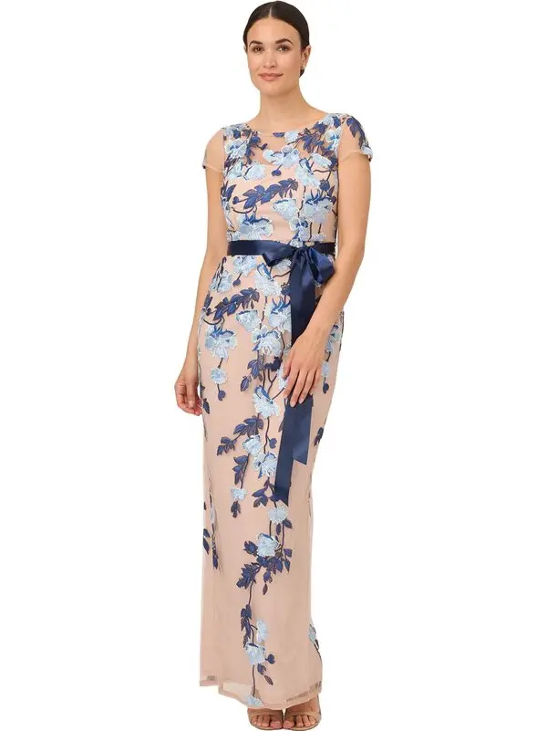 Adrianna Papell Floral Embroidered Gown With Ribbon Tie Waist - Midnight Multi/nude