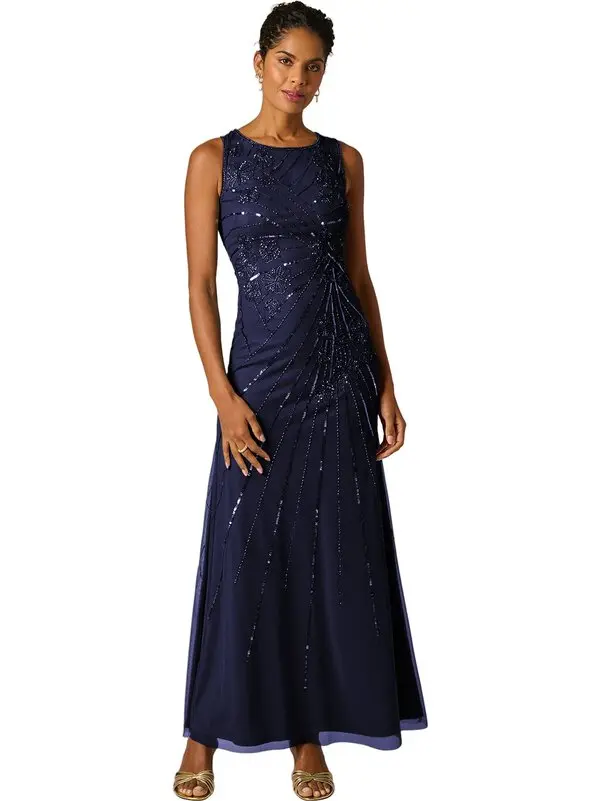 Adrianna Papell Floral Beaded Illusion Mermaid Gown - Light Navy