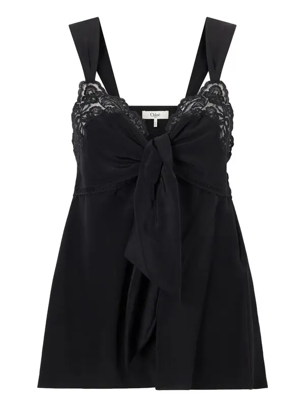 Chloé Knotted Lace-trimmed Silk Crepe De Chine Tank - Black