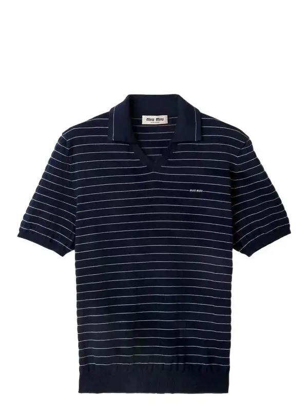Miu Miu Striped V-neck Polo Shirt With Ribbed Hem - Blue