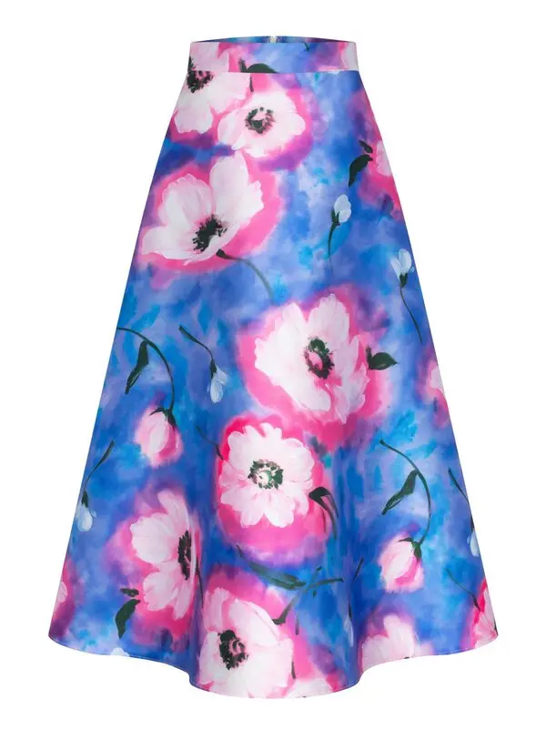 MARIANNA DÉRI Watercolour Blossom Midi Skirt - White/blue/pink