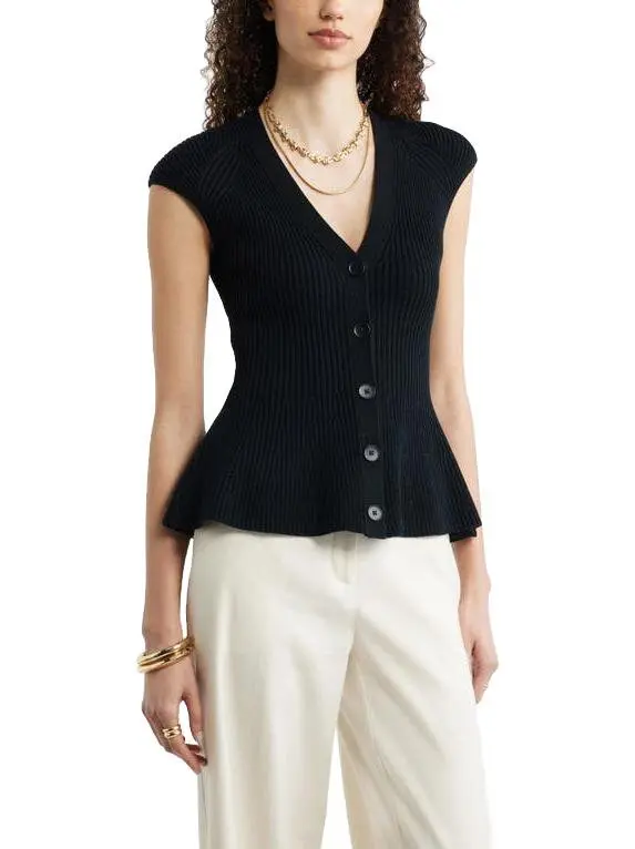 Nordstrom Ribbed Peplum V-neck Top With Cap Sleeves - Black