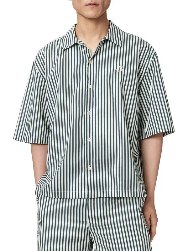 ALLSAINTS Chopin Oversize Stripe Short Sleeve Cotton Button-up Shirt - Green/white