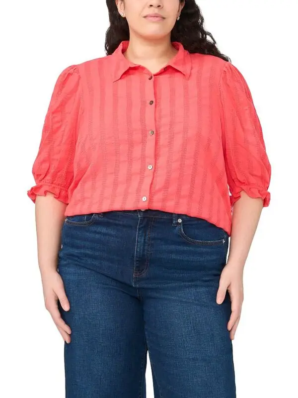 Halogen Puff Sleeve Cotton Top With Embroidered Stripes - Calypso Coral