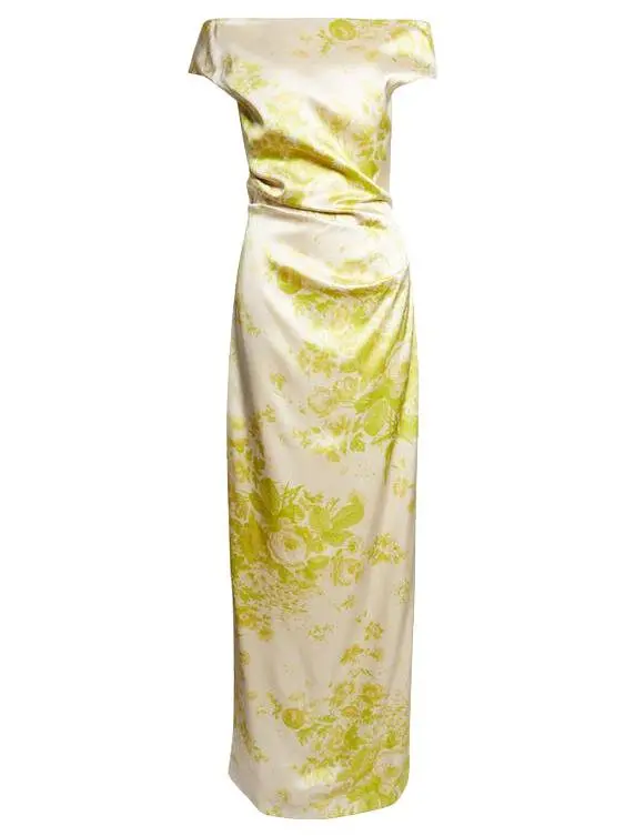 Erdem Floral Print Off-the-shoulder Gown - Rose Bouquet Chartreuse