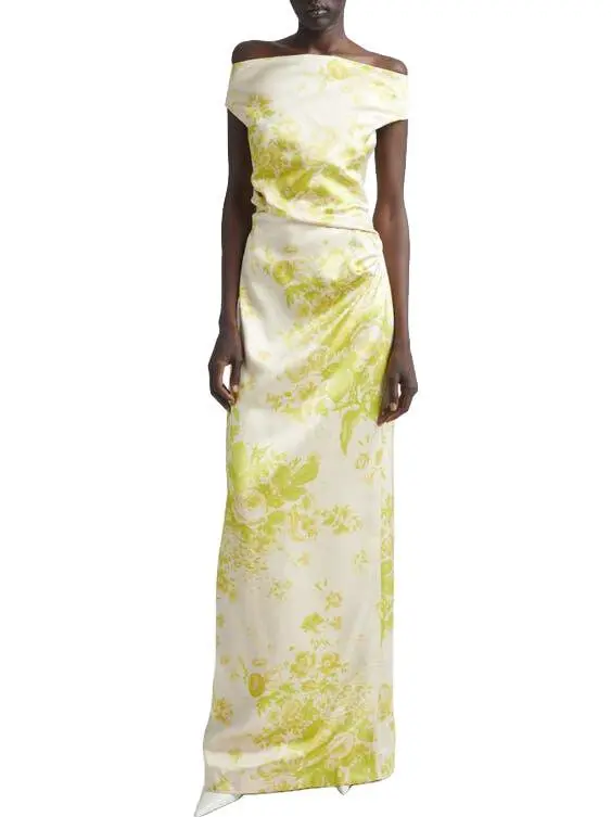 Erdem Floral Print Off-the-shoulder Gown - Rose Bouquet Chartreuse