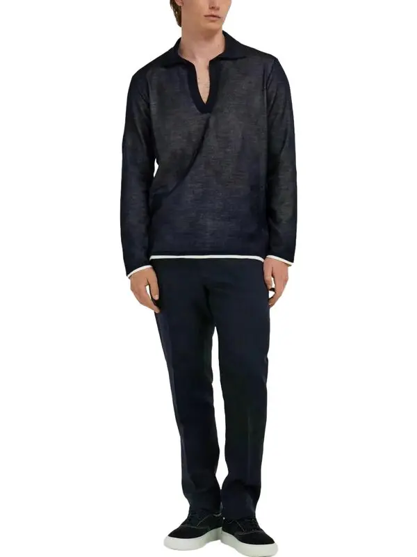 FERRAGAMO Long Sleeve Knitted Silk Polo Shirt - Blue