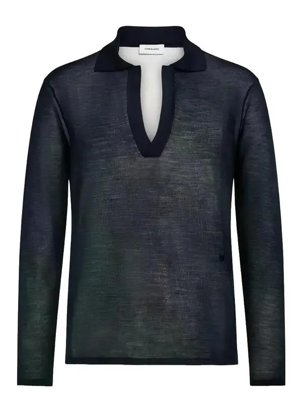 FERRAGAMO Long-sleeve Knitted Silk Polo Shirt - Blue