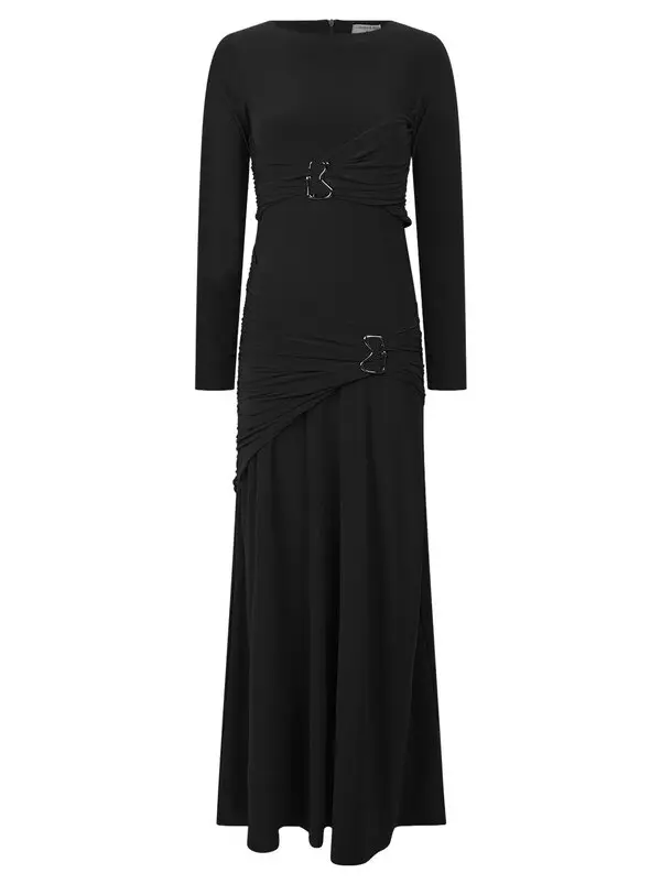 CELESTINE & MAE Ruched Maxi Dress With Gold Hardware - Black