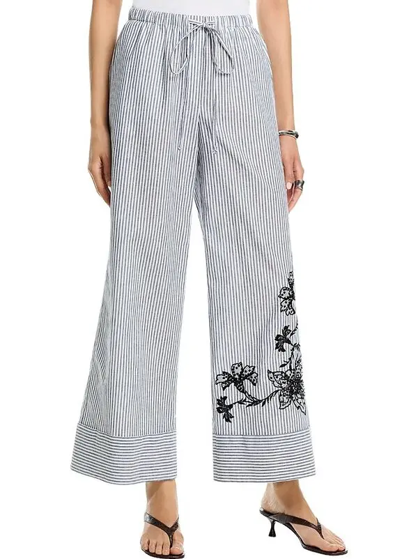 Kobi Halperin Callie Embroidered Striped Linen-blend Pants - Black/white