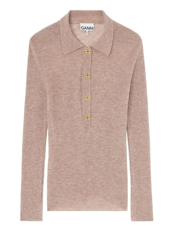GANNI Long Sleeve Polo Shirt - Brown