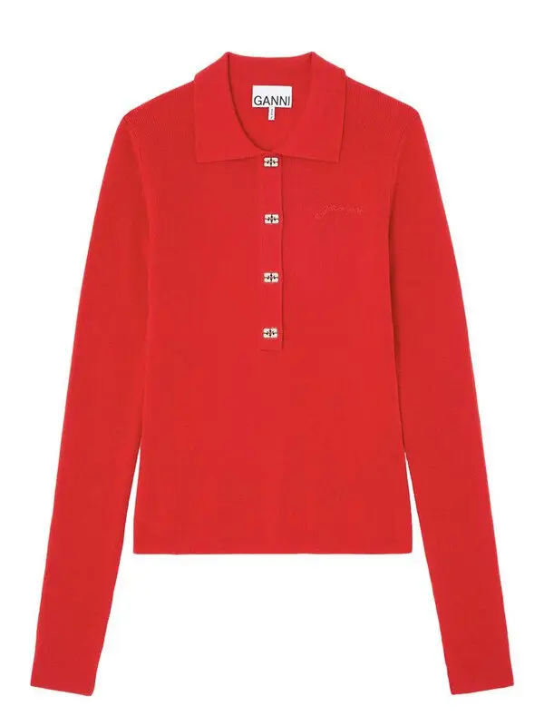 GANNI Classic Collar Long Sleeve Polo Shirt - Goji Berry