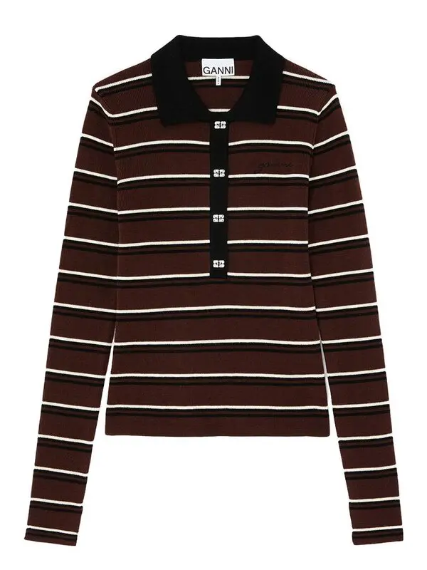 GANNI Long Sleeve Polo Shirt With Butterfly Buttons - Mixed