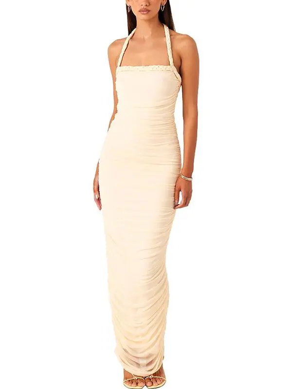 SNDYS Gianna Ruched Halter Neck Maxi Dress - Vanilla