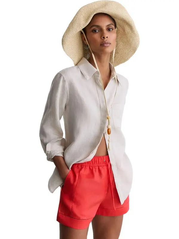REISS Riley Linen Ladder-embroidered Shorts - Coral