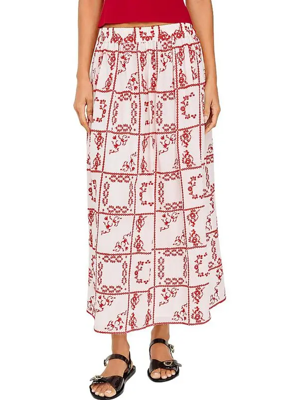 Rails Embroidered Pull-on Midi Skirt - Ivory Red