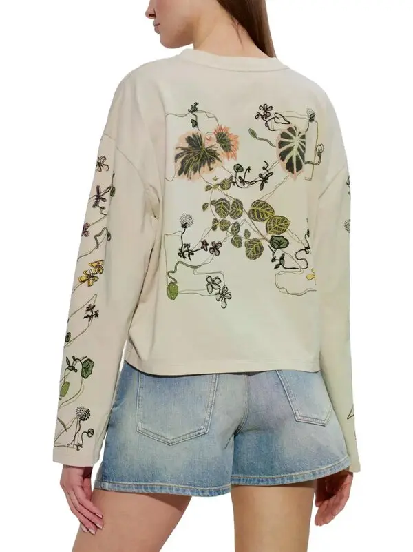 Off-White Floral Logo Embroidered T-shirt - Neutrals