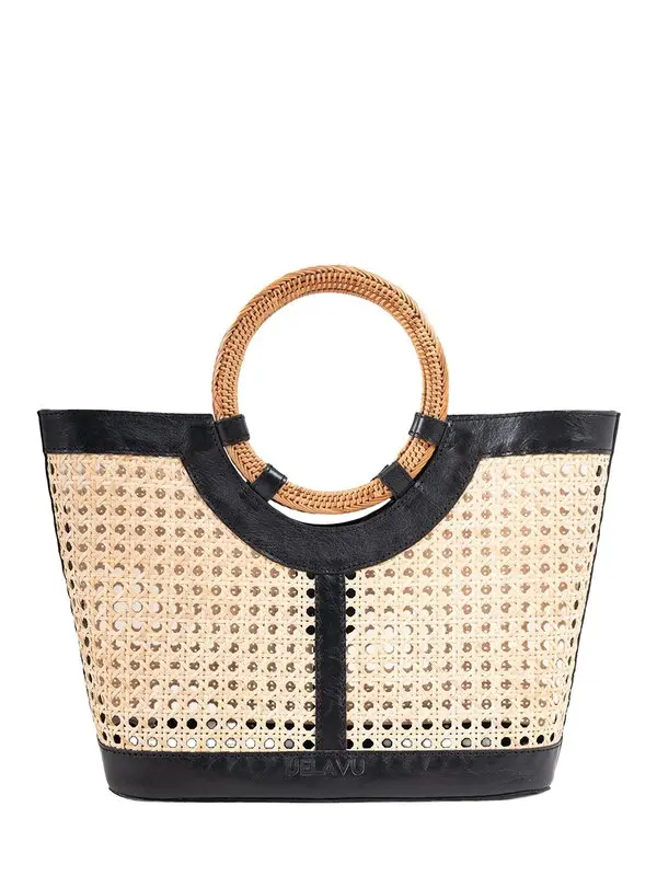 JELAVU Hilton Large Satchel With Woven Cane And Leather Trim - Black