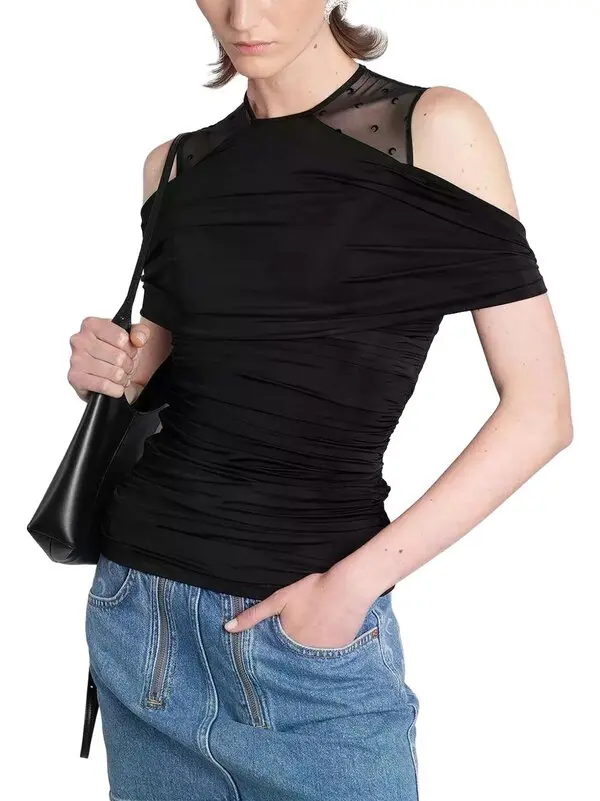 MARINE SERRE Ruched Cold-shoulder Top With Mesh Panels - Black