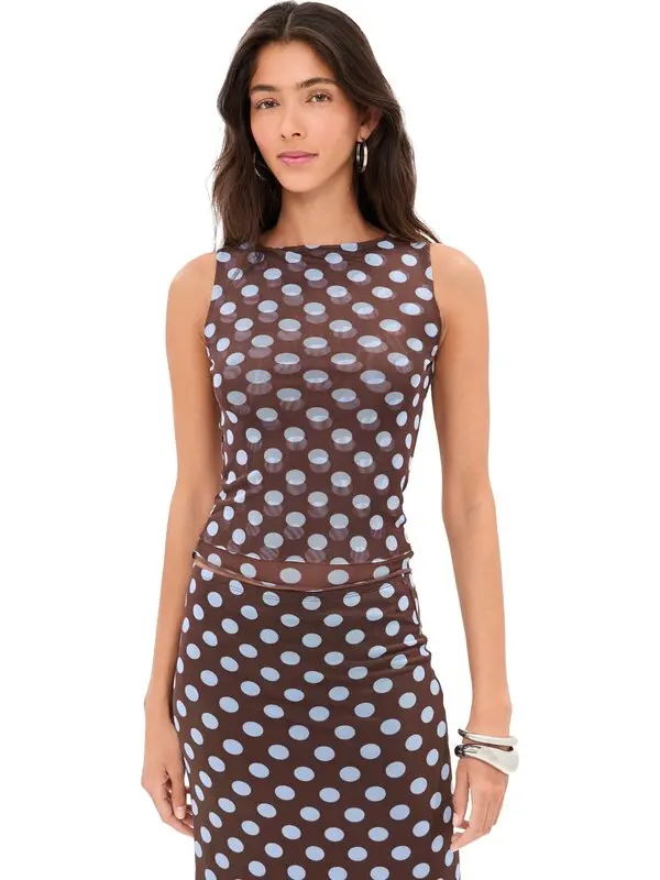 LE BOP Carrie Tank Polka Dot Mesh Sleeveless Top - Brown/blue Polka Dot