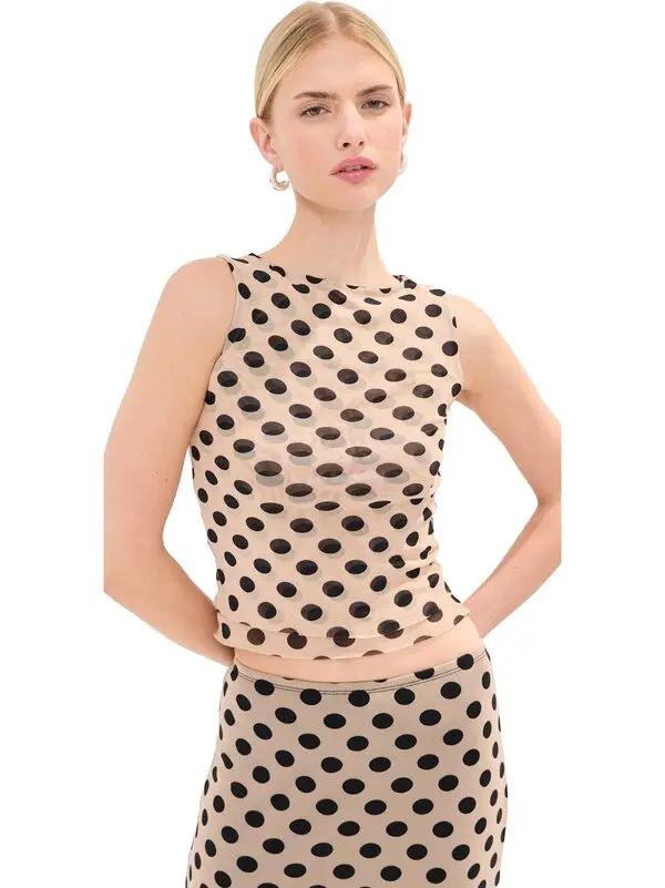 LE BOP Carrie Tank Polka Dot Mesh Sleeveless Top - Tan/black Polka Dot