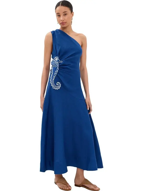 Farm Rio Seahorse Embroidery Shoulder Maxi Dress - Blue