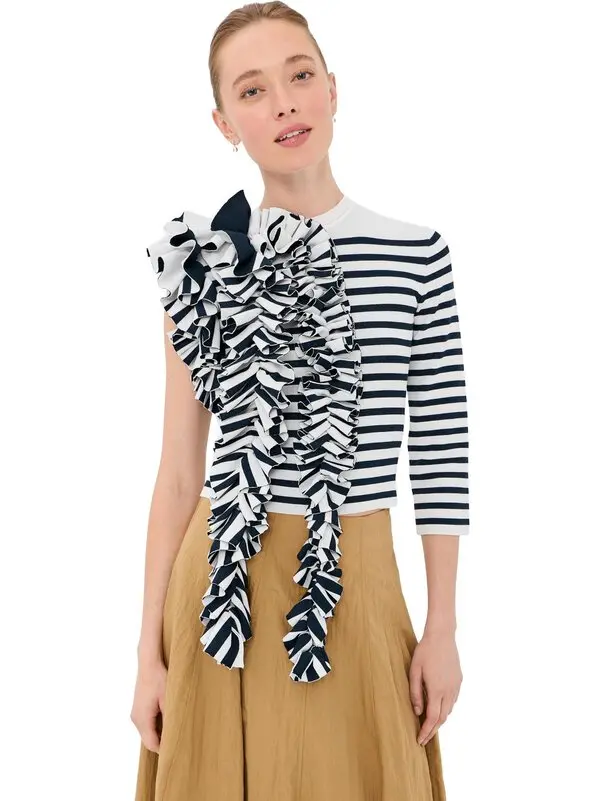 A.W.A.K.E. Mode Fitted Knit Top With Ruffle Detail - White/navy Striped