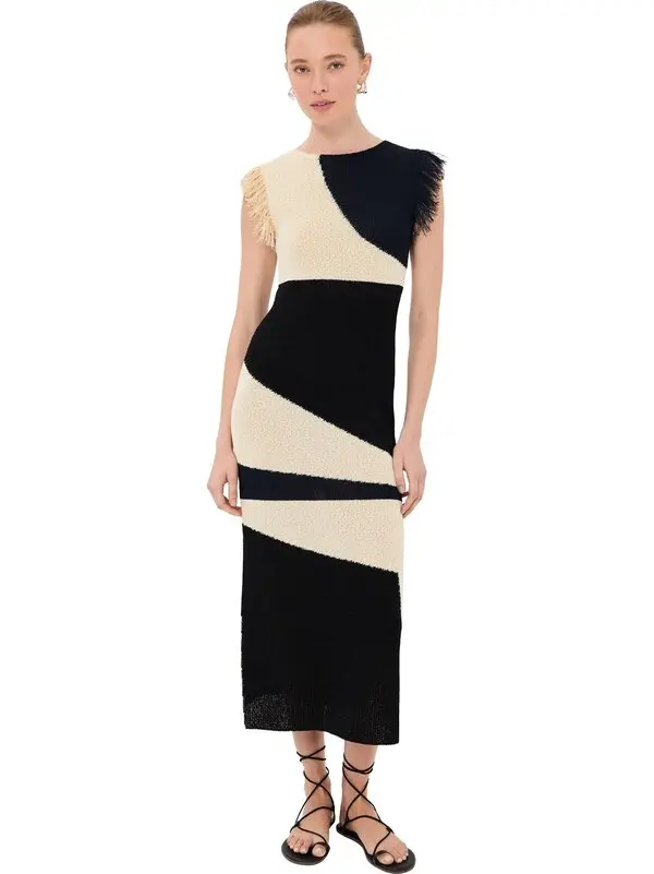 Proenza Schouler Saskia Knit Midi Dress With Fringe Trim - Sand Multi