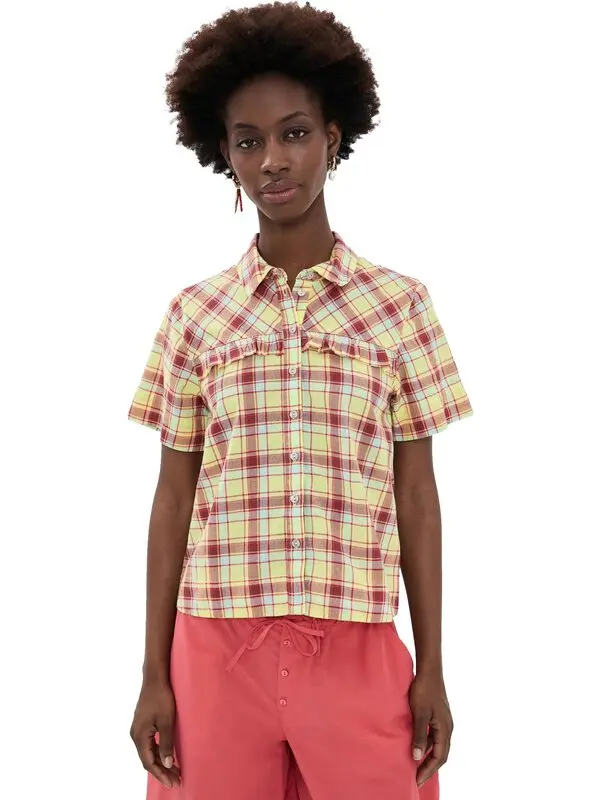 DAMSON MADDER Plaid Cotton Shirt With Ruffle Trim And Floral Embroidery - Celery