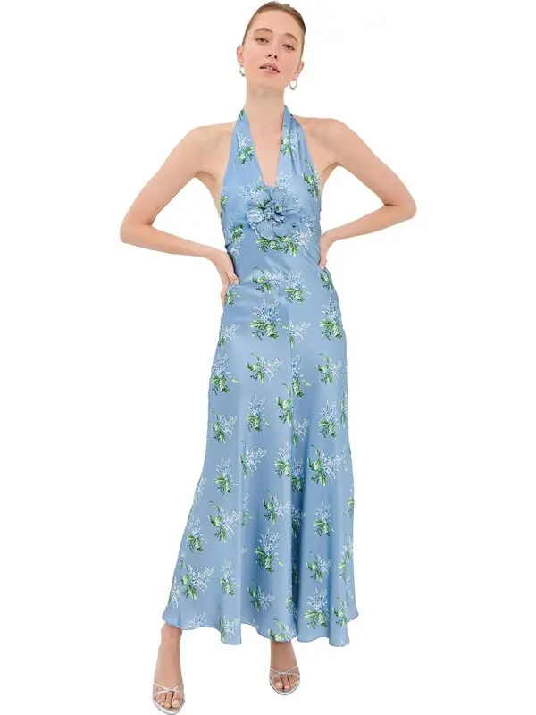 RODARTE Bouquet Floral Silk Satin Halterneck Maxi Dress - Blue