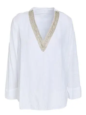 120% Lino Long Sleeve V-neck Linen Top With Embellishment - White