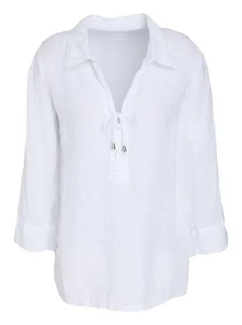 120% Lino Linen V-neck Long Sleeve Top - White