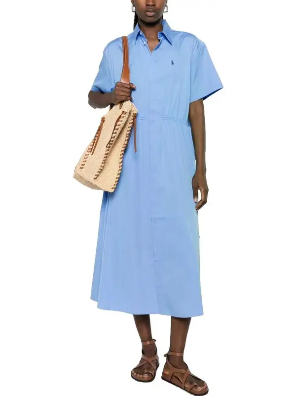 Polo Ralph Lauren Embroidered Logo Midi Shirt Dress - Blue