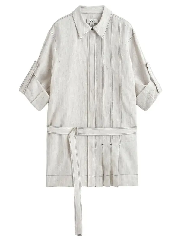 Cos Belted Pleated Linen Mini Shirt Dress - Gray