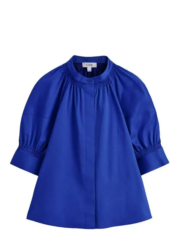 Cos Smocked Puff-sleeve Cotton Blouse - Blue