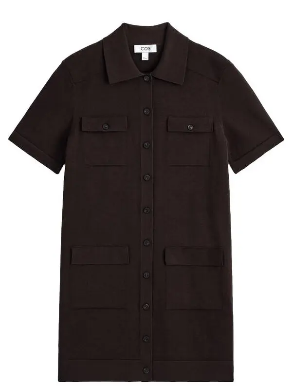Cos Knitted Cotton Mini Dress With Utility Pockets - Brown