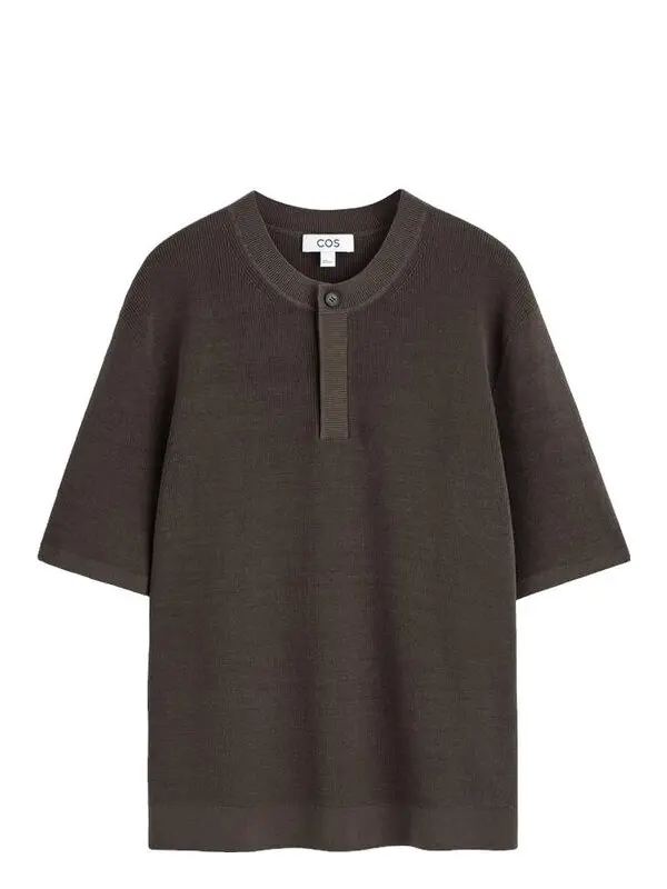 Cos Knitted Linen Henley T-shirt - Brown