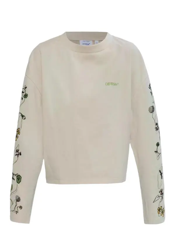 Off-White Floral Print Logo Embroidered T-shirt - Neutrals